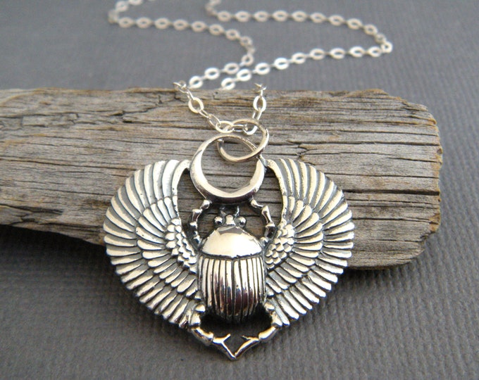 Sterling Silver Scarab Necklace Small Winged Egyptian Beetle - Etsy