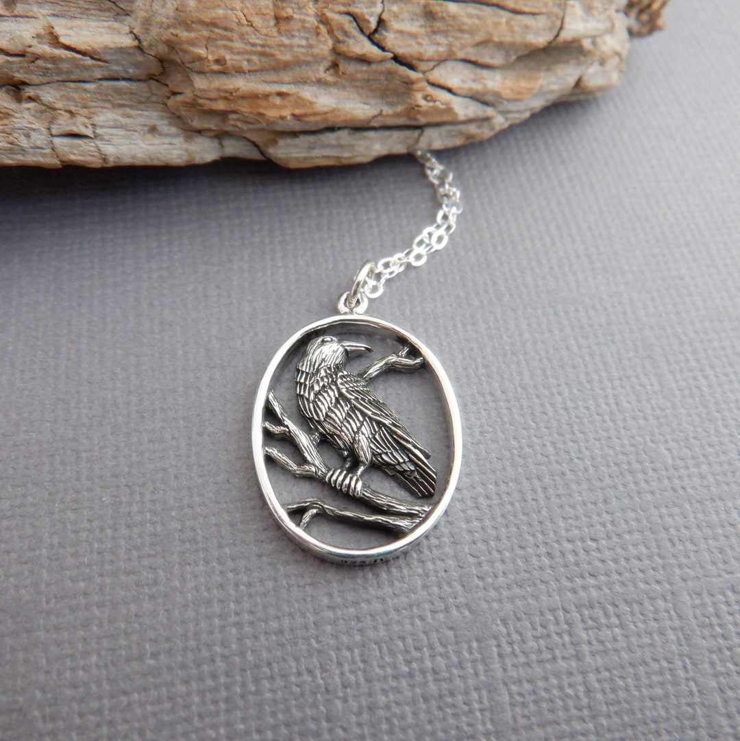 Sterling Silver Raven on Branch Necklace Small Realistic Bird Pendant ...