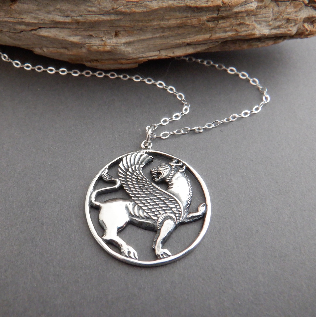 Sterling Silver Ancient Winged Lion Necklace. Lion Falcon Mythological ...
