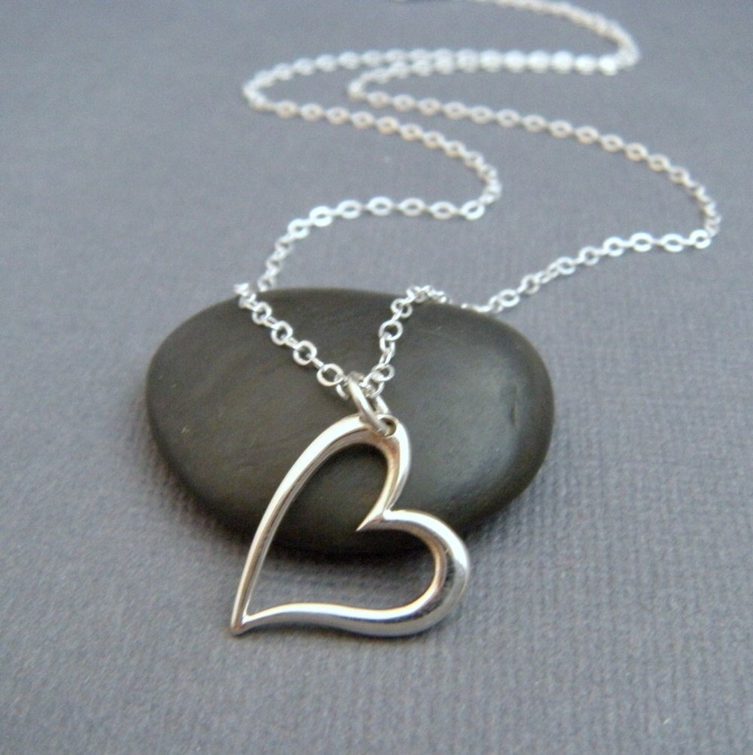 Small Sterling Silver Open Heart Necklace. Slanted Heart. Delicate ...