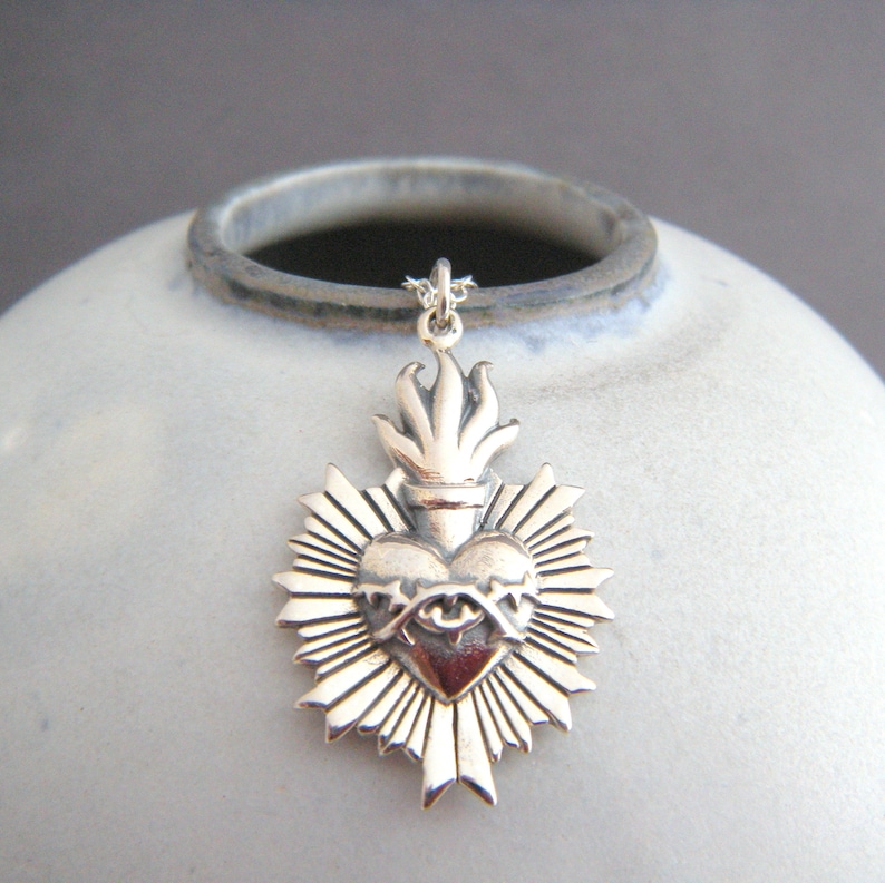 Sterling Silver Flaming Sacred Heart Necklace Catholic Faith - Etsy
