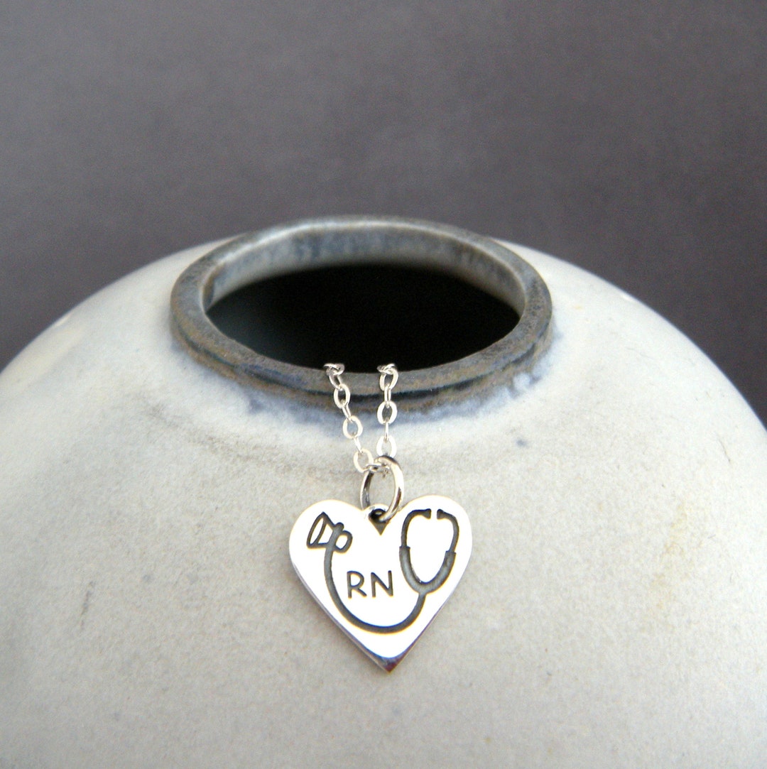 Sterling Silver RN Stethoscope Necklace Etched Heart Charm Charm ...
