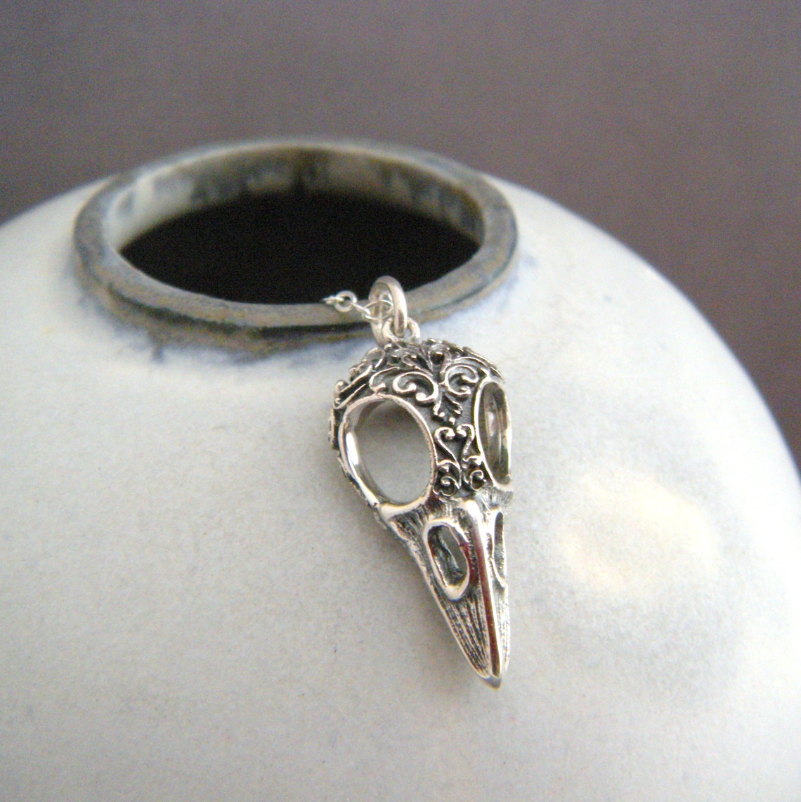 Small Sterling Silver Raven Bird Skull Necklace Hollowed Eyes - Etsy