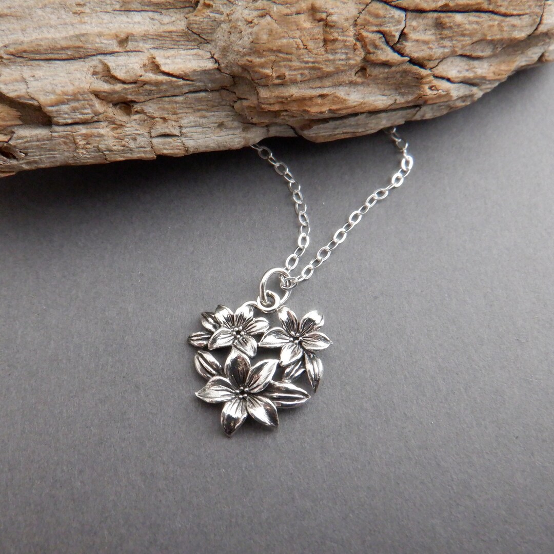 Sterling Silver Flower Cluster Necklace. Tiny Five Petal Blossom ...