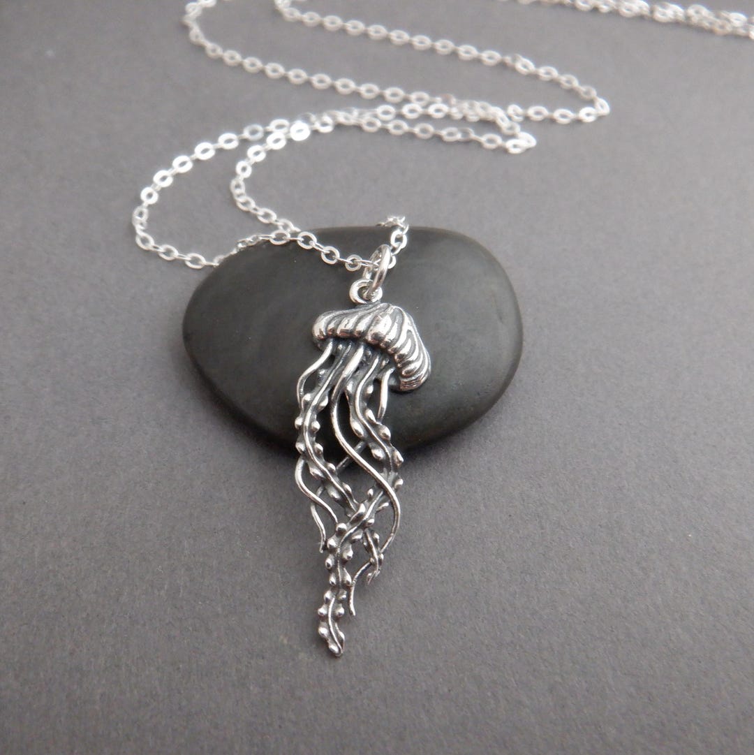 Small Sterling Silver Jellyfish Necklace. Detailed Sea Creature Pendant ...