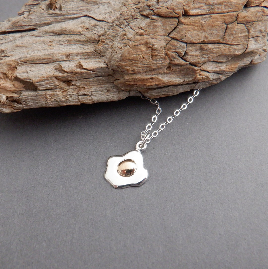 Tiny Sterling Silver Fried Egg Necklace. Bronze Yolk Accent. Foodie ...