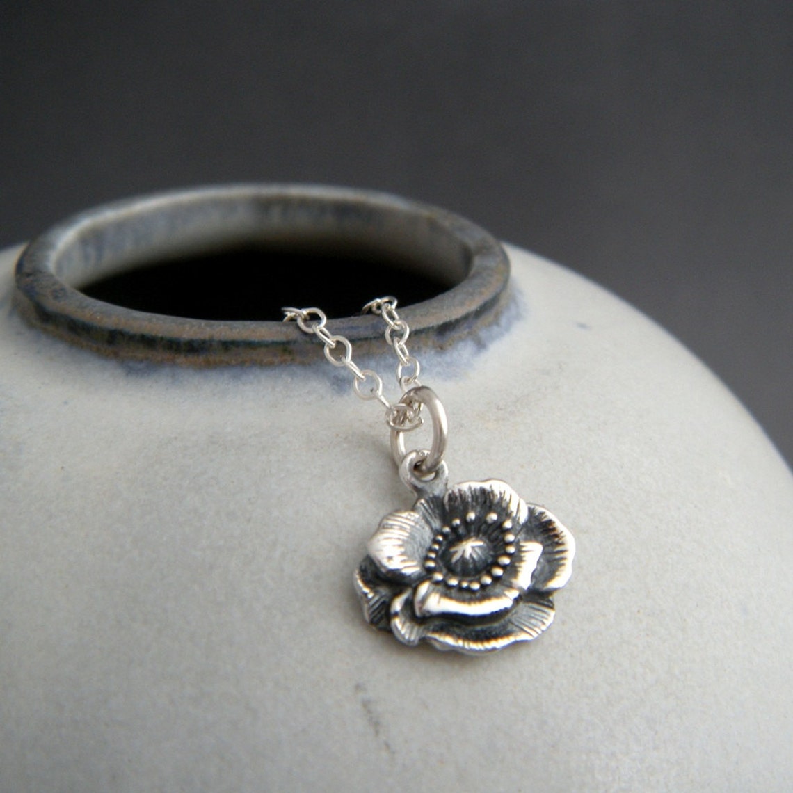 Tiny Silver Poppy Flower Necklace. Small Nature Pendant. - Etsy