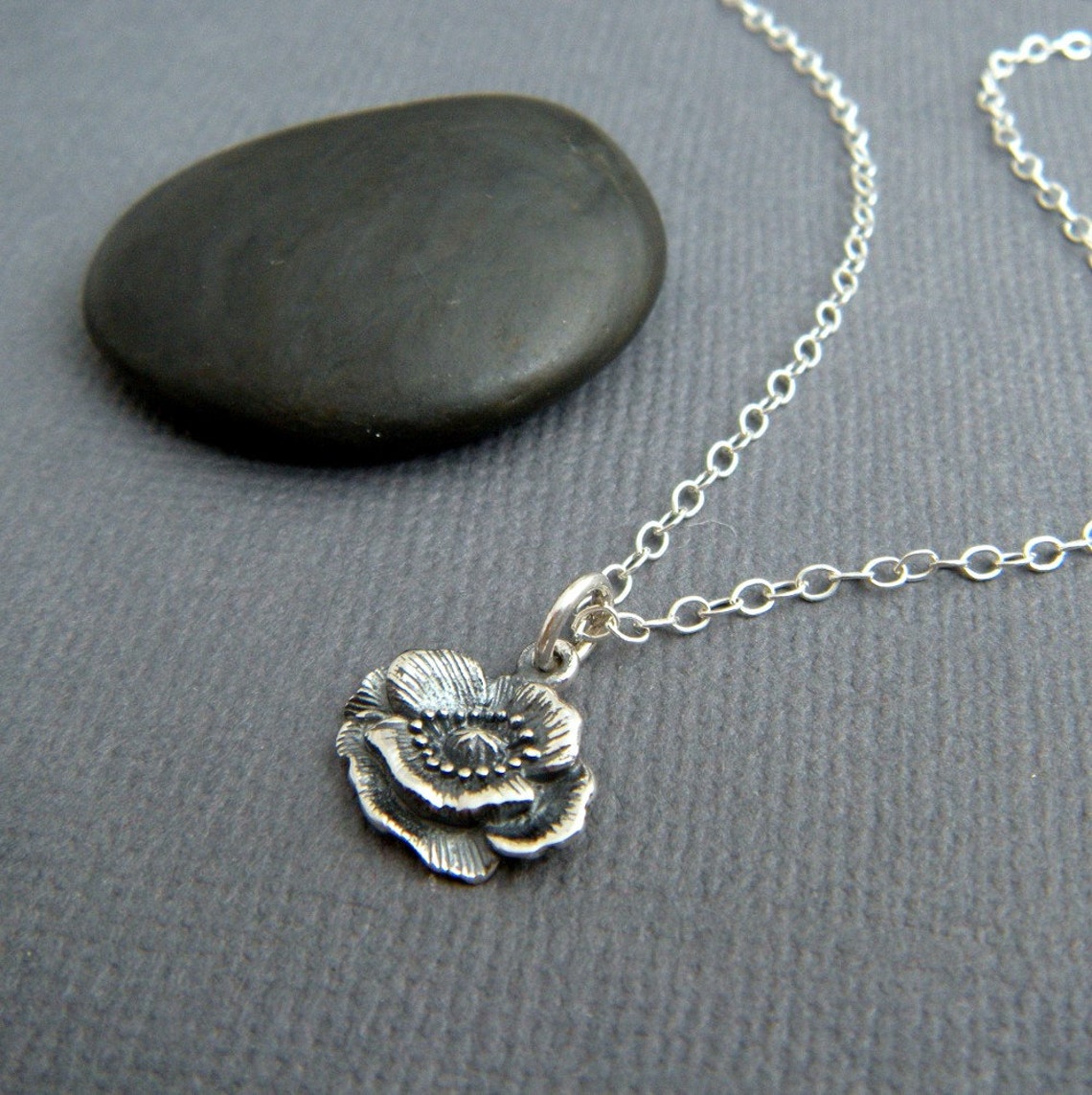 Oxidized Sterling Silver Poppy Necklace, Tiny Floral Pendant 1/2" - Etsy
