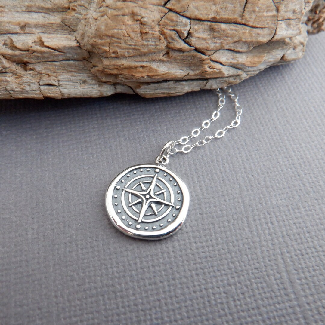 Sterling Silver Wax Seal Compass Necklace, Boho Travel Pendant 5/8" - Etsy