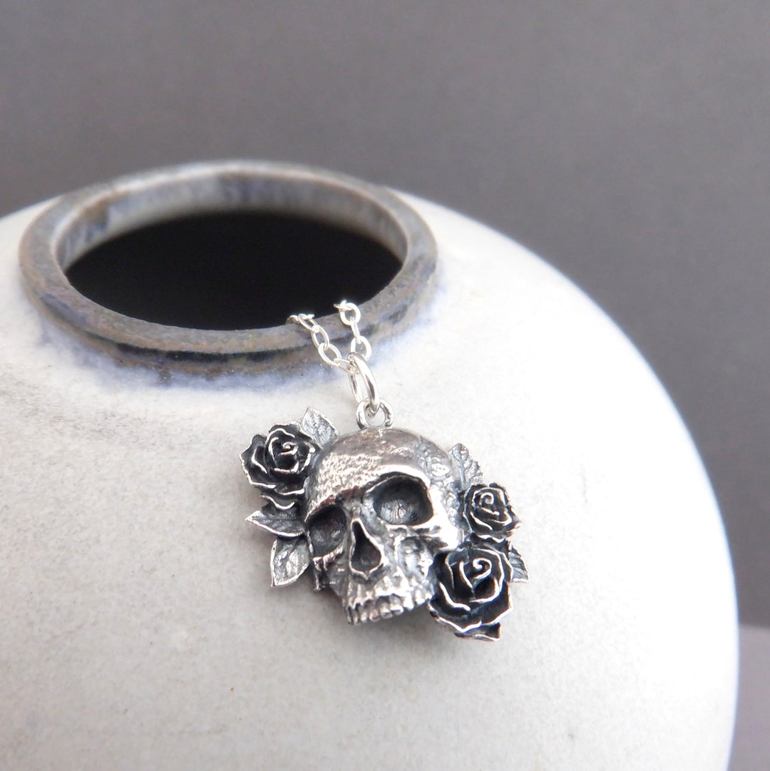 Sterling Silver Skull With Roses Necklace. Rustic Halloween Charm ...