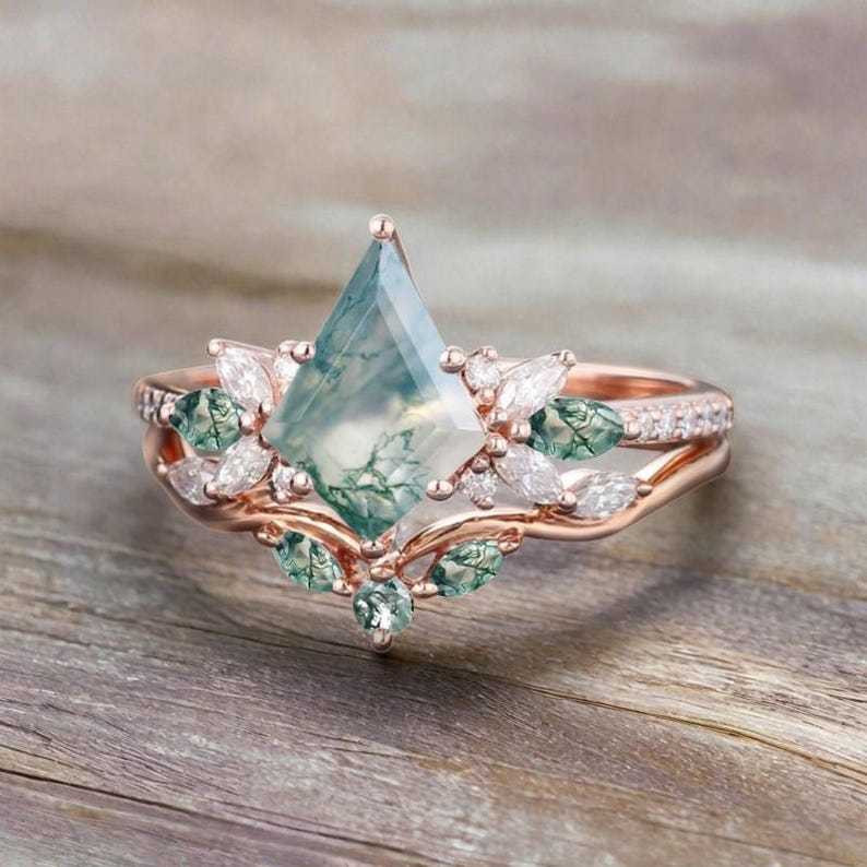 Vintage Kite Cut Green Moss Agate Engagement Ring Set 14k Rose Gold ...