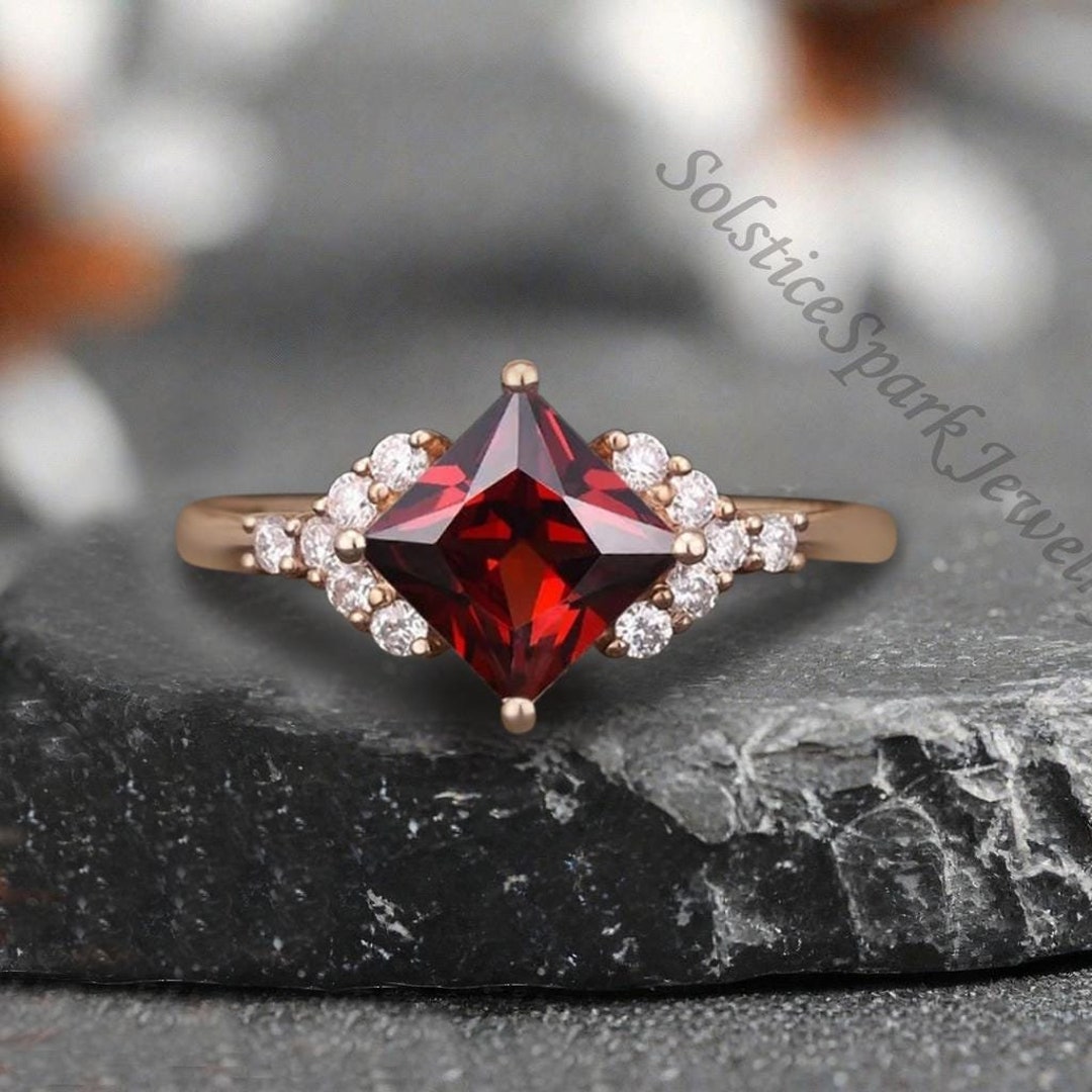 Vintage Princess Cut Red Ruby Wedding Ring Unique Moissanite Ring Solid ...