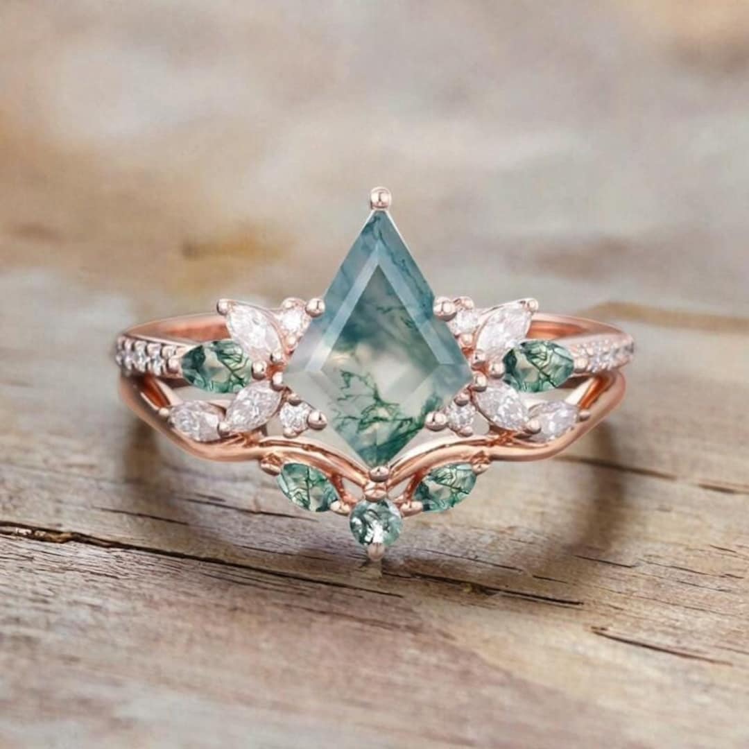 Vintage Kite Cut Green Moss Agate Engagement Ring Set 14k Rose Gold ...