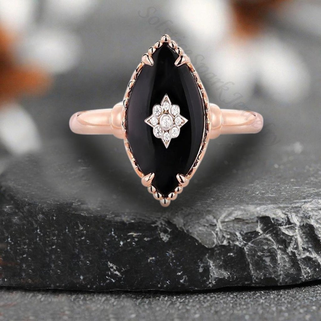 Vintage Marquise Black Onyx Engagement Ring Solid Gold Milgrain Ring Antique Moissanite Ring ...