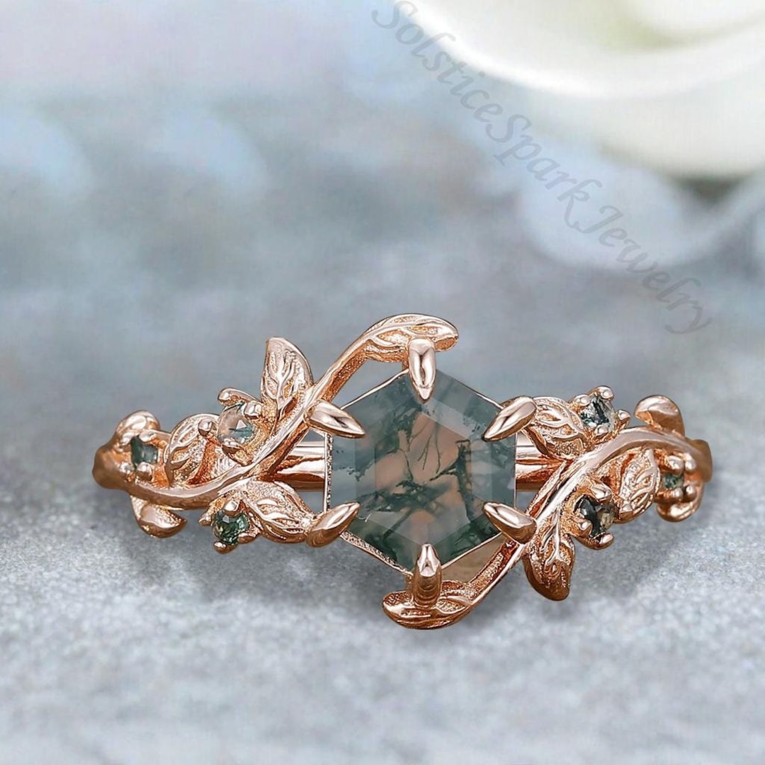 Hexagon Cut Moss Agate Engagement Ring Art Deco Leaf Promise Ring ...