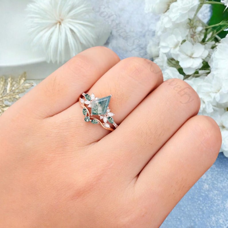 Vintage Kite Cut Green Moss Agate Engagement Ring Set 14k Rose Gold ...