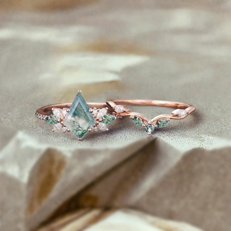 Vintage Kite Cut Green Moss Agate Engagement Ring Set 14k Rose Gold ...