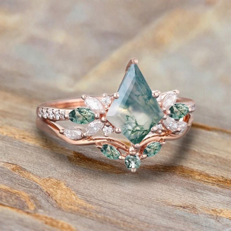 Vintage Kite Cut Green Moss Agate Engagement Ring Set 14k Rose Gold ...