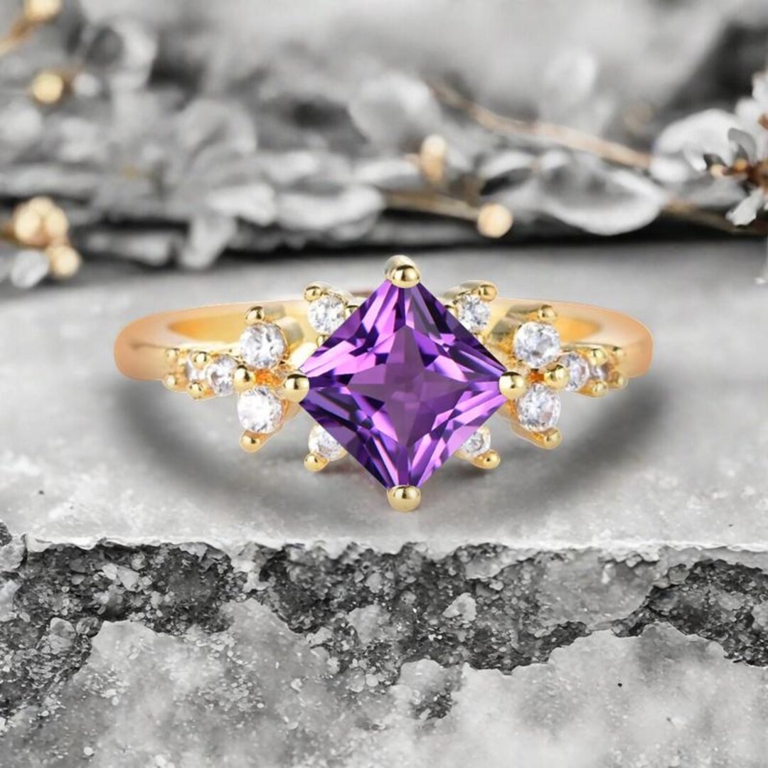 Unique Princess Cut Amethyst Wedding Ring Vintage Purple Amethyst ...
