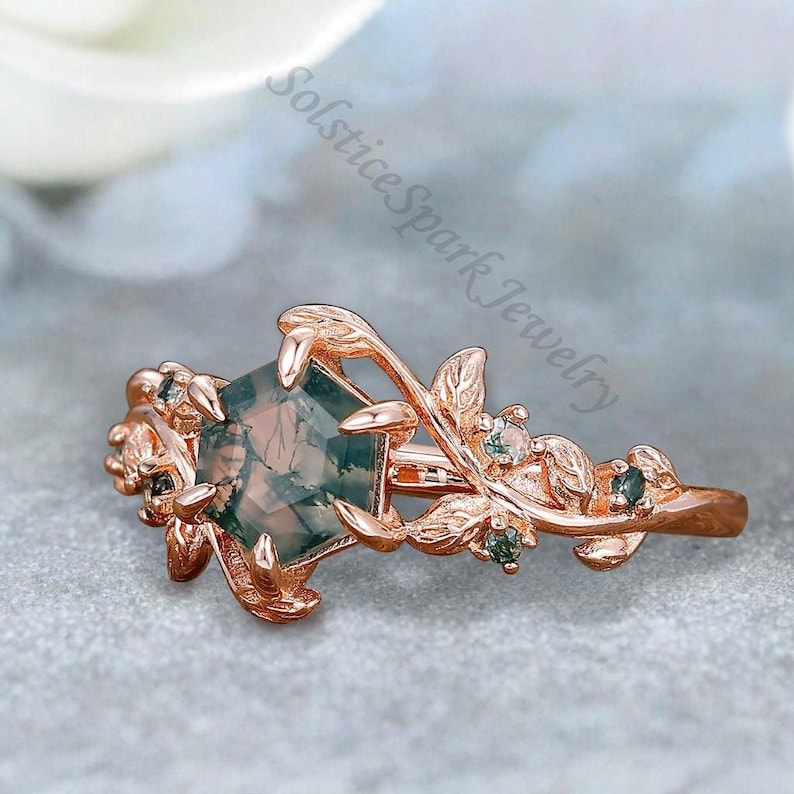 Hexagon Cut Moss Agate Engagement Ring Art Deco Leaf Promise Ring ...