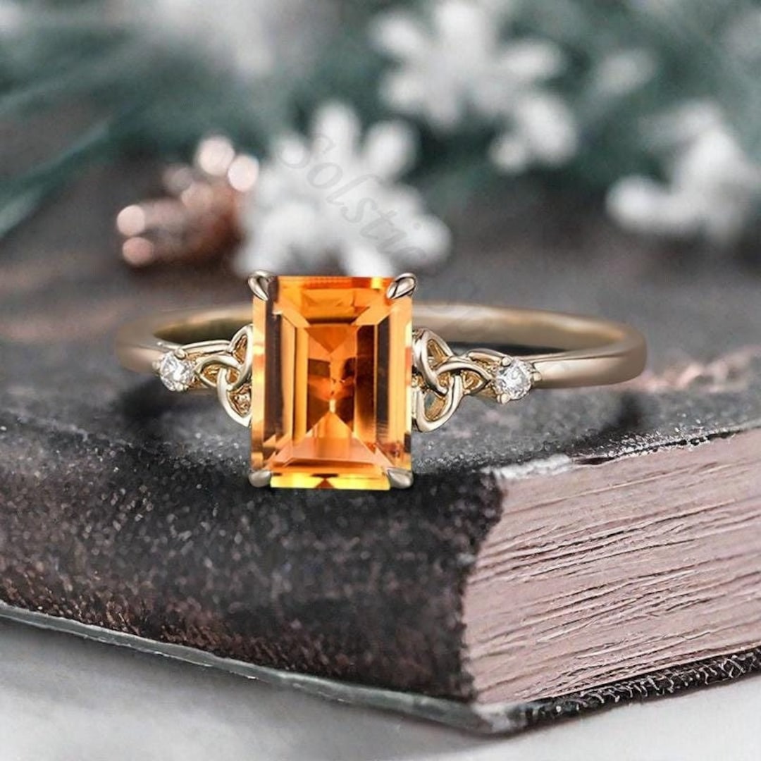 Antique Citrine Engagement Ring Unique Emerald Cut Citrine Ring Solid Yellow Gold Wedding Ring ...