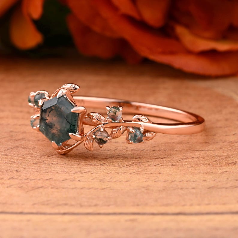 Hexagon Cut Moss Agate Engagement Ring Art Deco Leaf Promise Ring ...