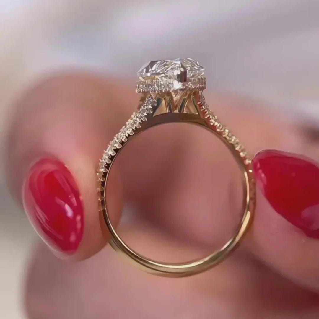 Marquise Cut Moissanite Engagement Ring 14K Solid Gold Halo Solitaire ...
