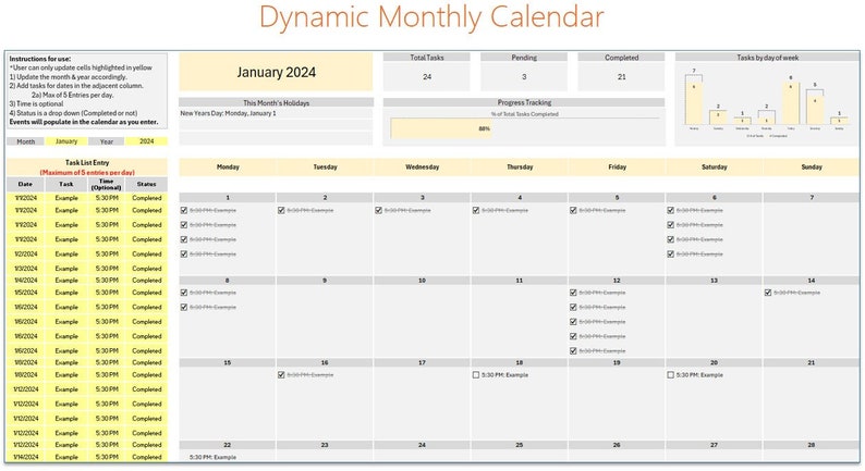 Dynamic Monthly Calendar Template Input Your Tasks on a Simple List and ...