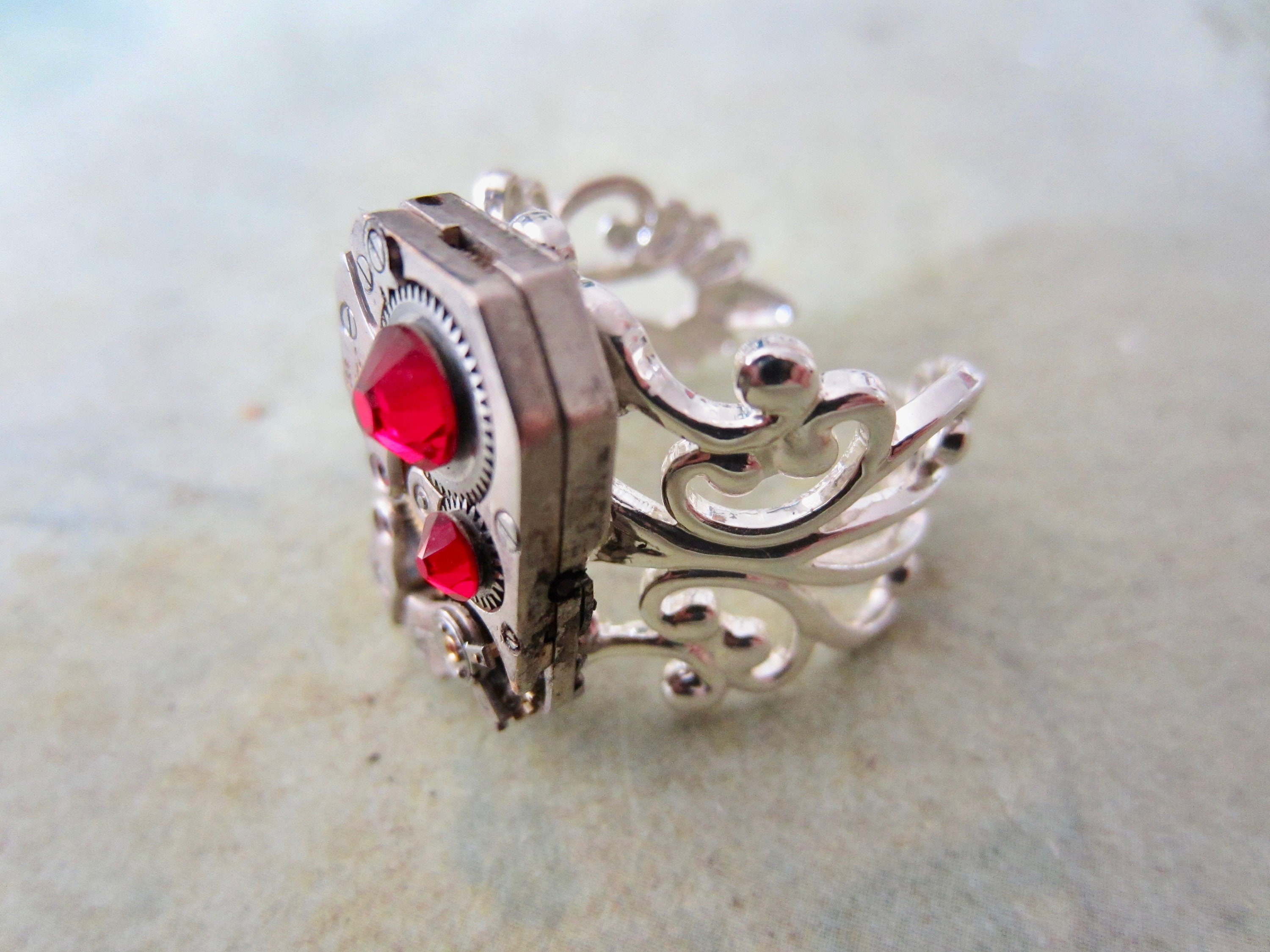 Ruby Watch movement Victorian style silver adjustible ring | Etsy