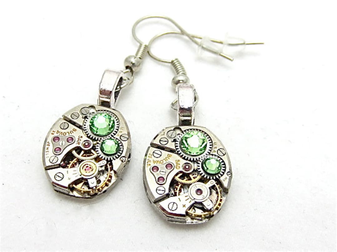 Steampunk Watch Movement Earrings, Peridot Swarovski Crystals - Etsy
