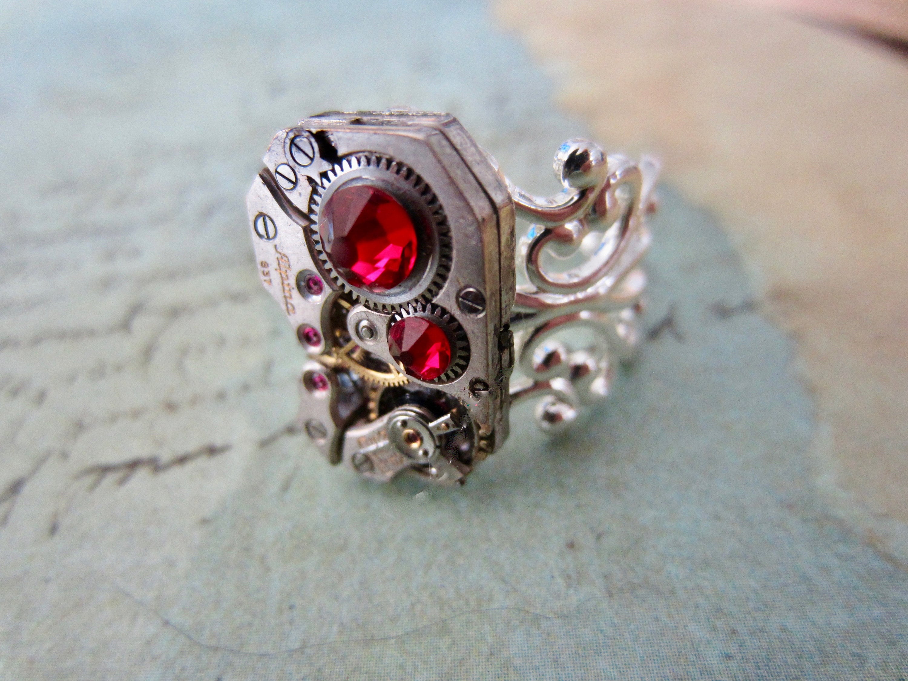 Ruby Watch movement Victorian style silver adjustible ring | Etsy