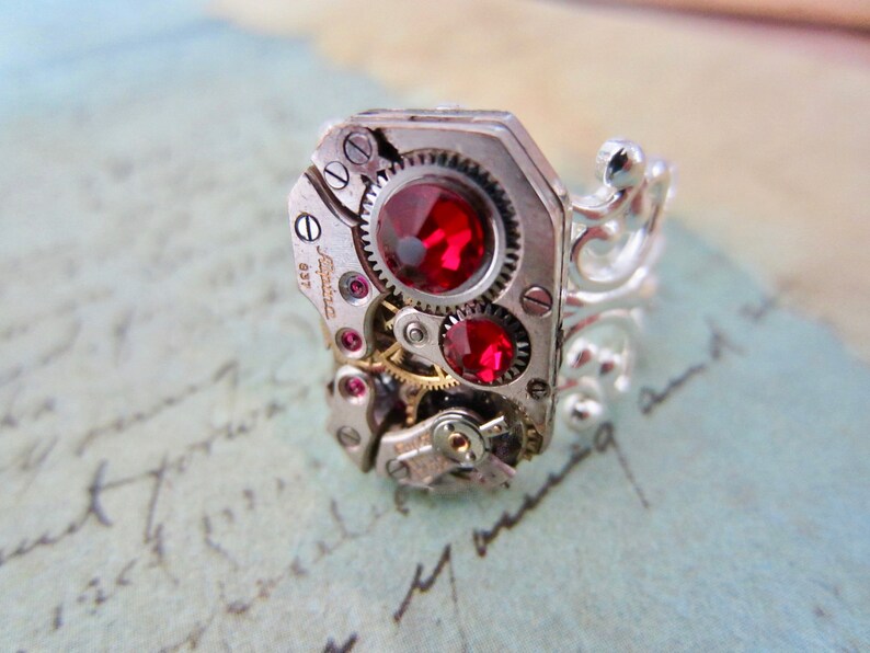 Ruby Watch Movement Victorian Style Silver Adjustible Ring - Steampunk ...