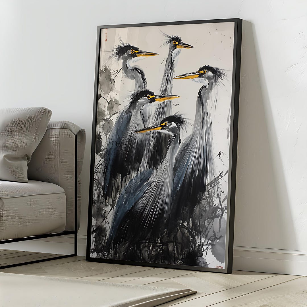 Sumi-e Heron Art Poster | Dramatic Modern Bird Print | Minimalist Black ...