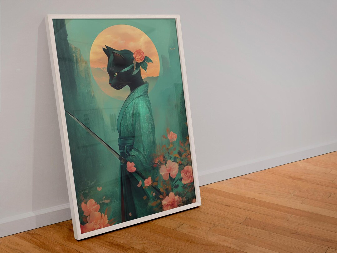 Japanese Ninja Warrior Cat Poster - Watercolour Samurai Cat Art Print ...