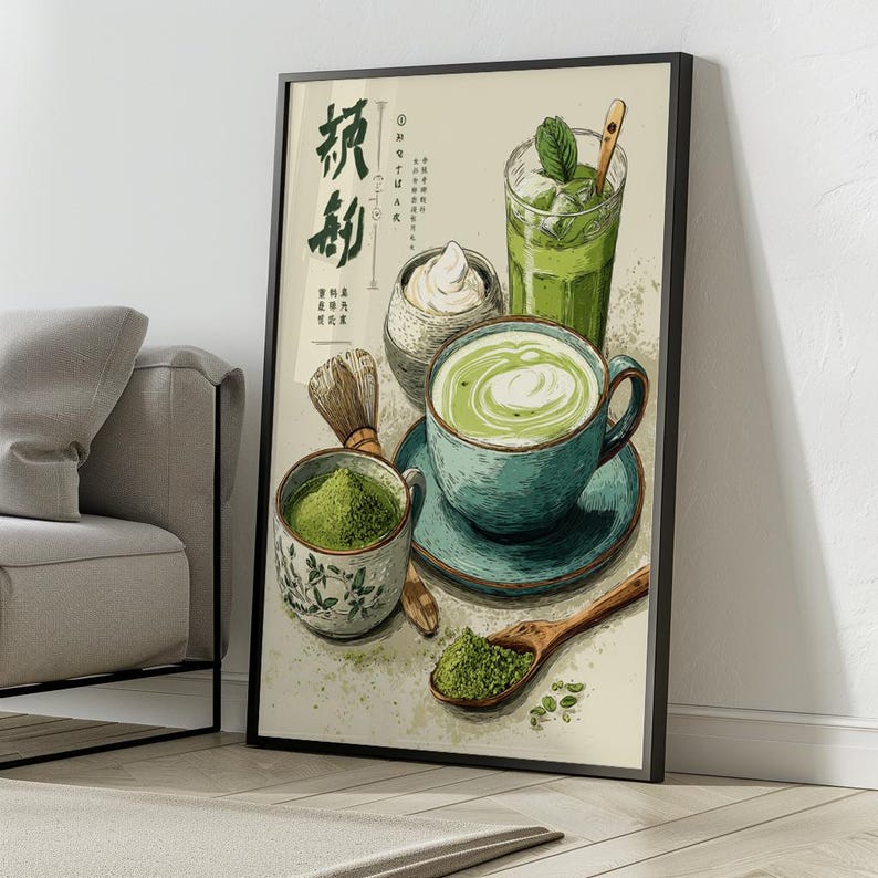 Matcha Latte Wall Art Print – Iced Green Tea, Powder & Whisk Kitchen ...