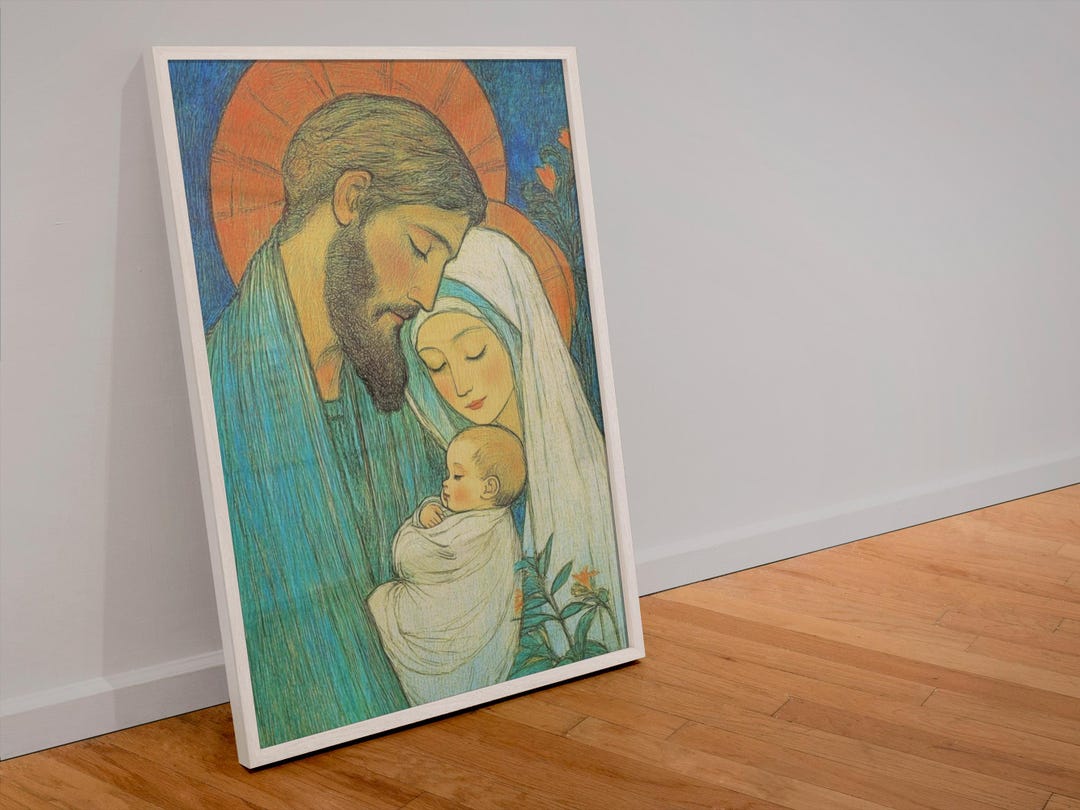 Hand-drawn Mary Joseph Baby Jesus Poster | Catholic Holy Family Artwork ...