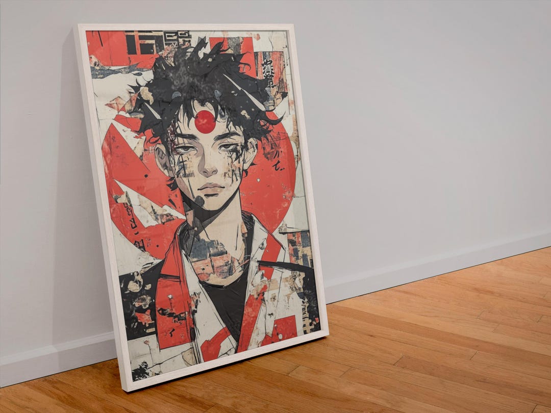 Dynamic Japanese Anime Poster - Male Character Print in Red, White, and ...