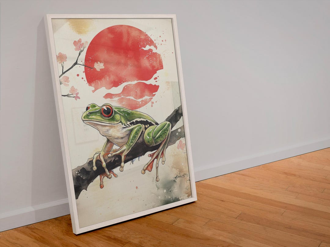 Vintage Japanese Frog Poster Watercolor Art With Sakura Blossoms & Red ...