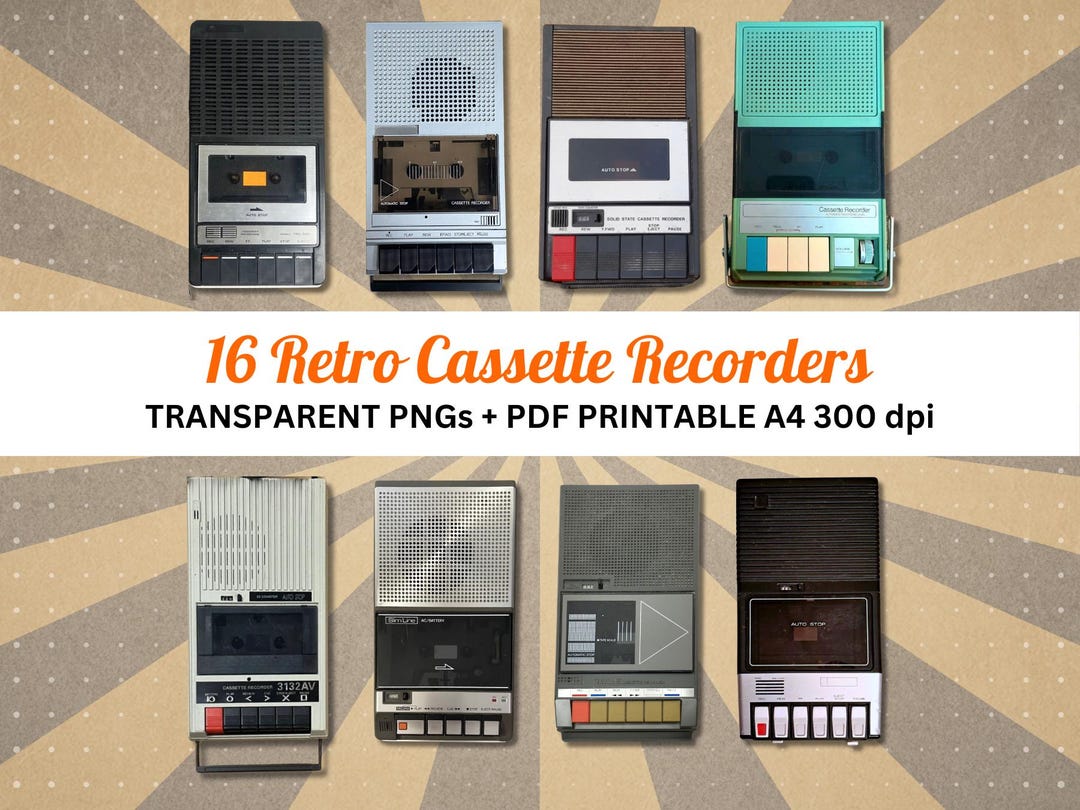 Retro Cassette Tape Recorders - Digital Graphics Clip Art Photo PDF PNG ...