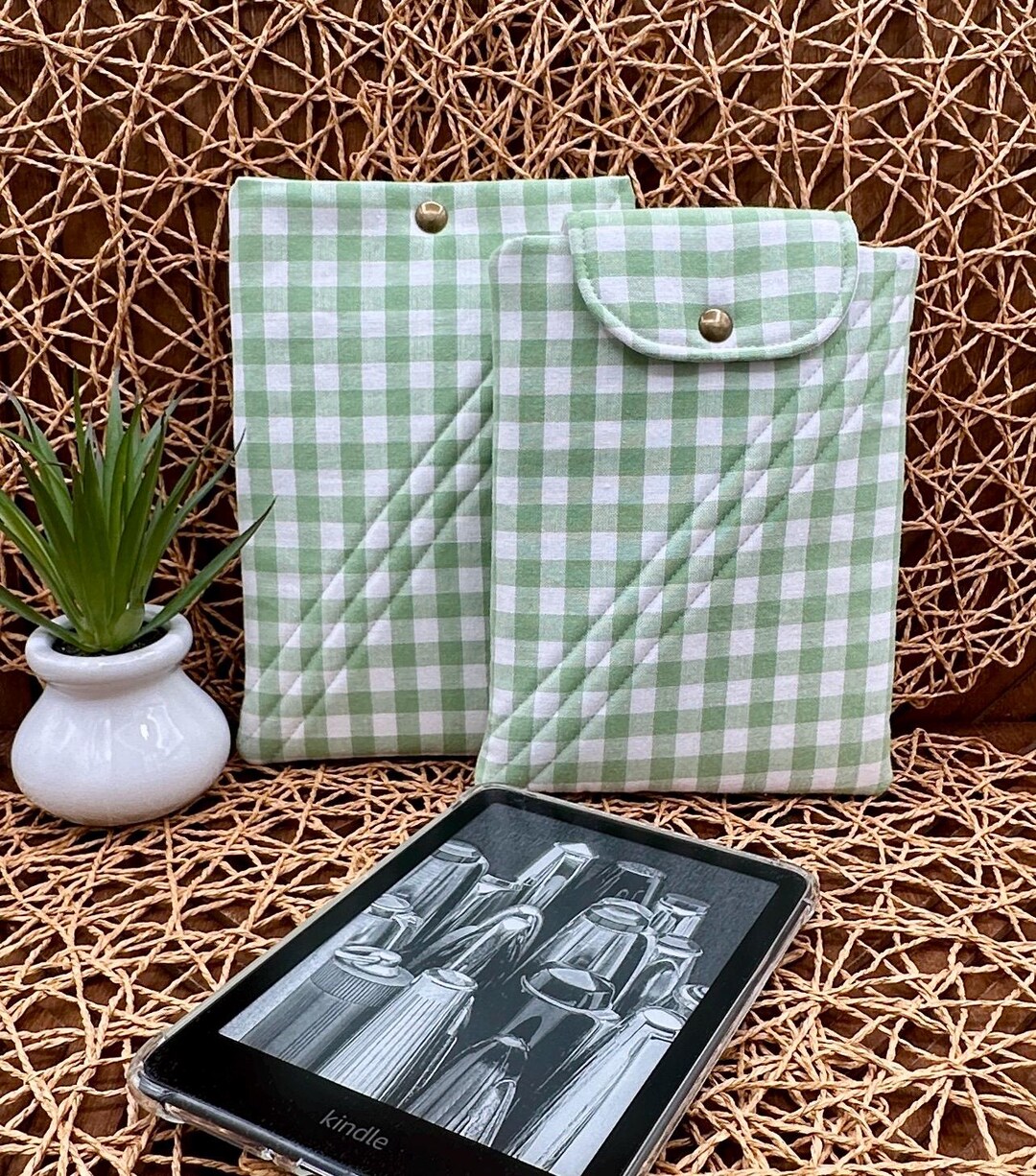 Handmade Kindle Paperwhite Sleeve: Green Gingham Padded Fabric Cover - Etsy
