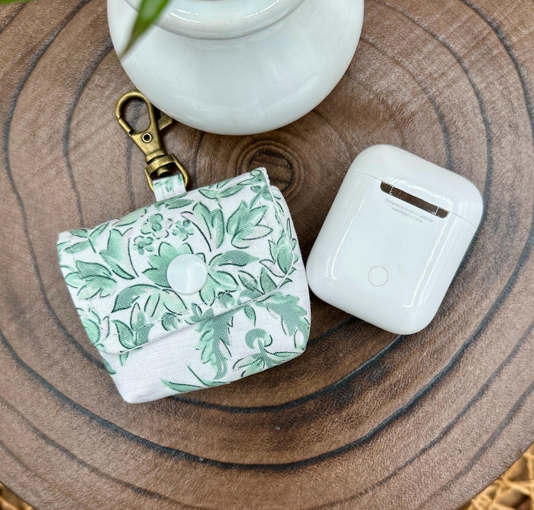 Wireless Earbud Case, Elegant Green Floral Fabric With Snap Closure and ...