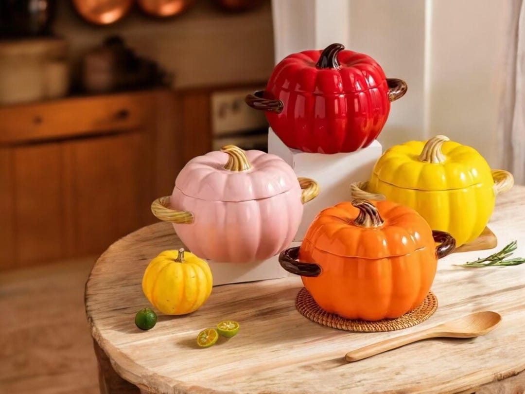Ceramic Pumpkin Soup Pot With Lid 1.4L Binaural Bowl for Halloween ...