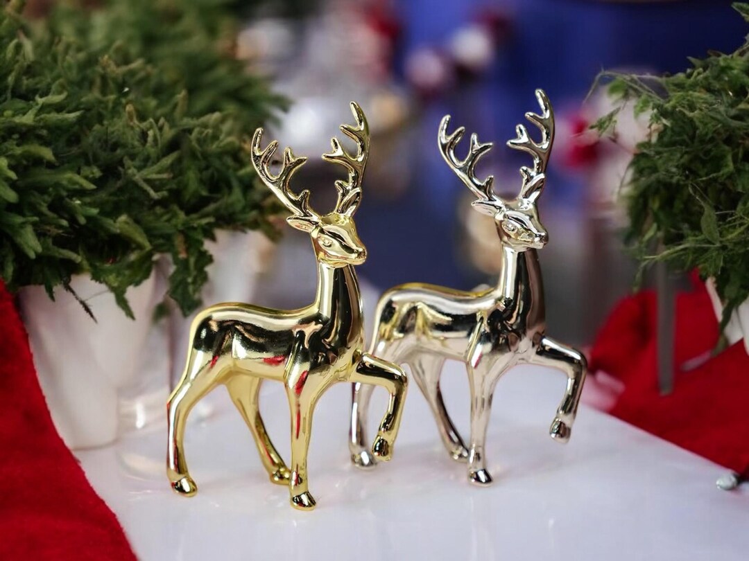 Gold & Silver Holly Deer Statue | Luxury Reindeer Figurine | Elegant ...