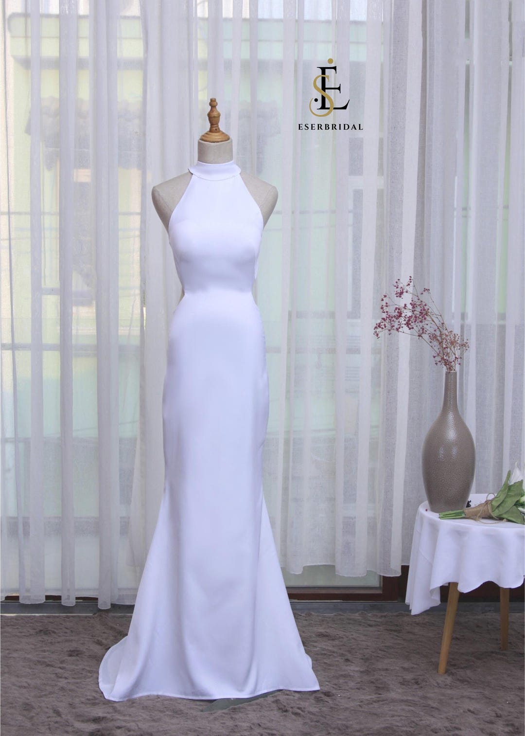 High Neck Bridal Wedding Dress. Backless Satin Dress. Receptionist ...