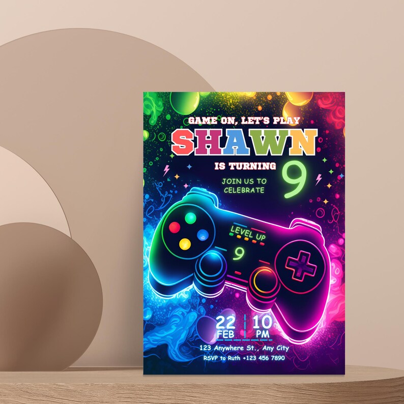 Video Game Birthday Invitation Neon Glow Boy Gamer Party Invite Level ...