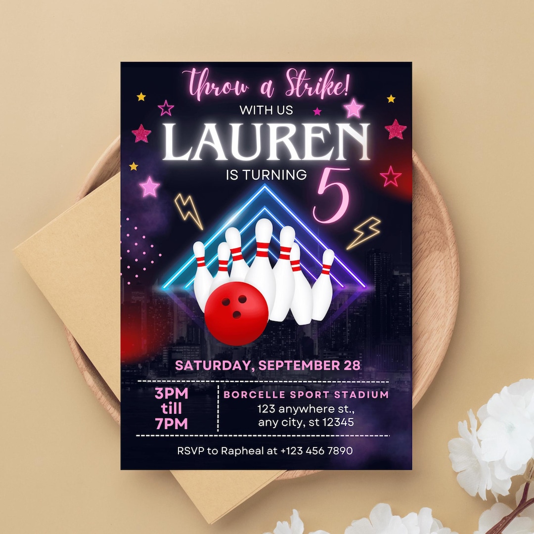 Bowling Birthday Party Invitation Template Editable White Neon Light ...