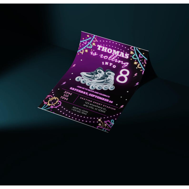 Editable Roller Skating Invitation Glow Party Birthday Invitation Glow ...