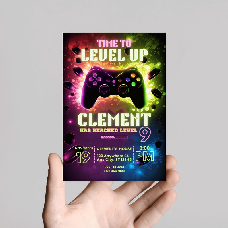 EDITABLE Video Game Party Invitation Level up Birthday Invite Blue Neon ...