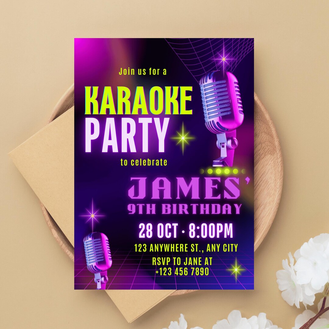 Editable Karaoke Birthday Party Invitation Neon Glow Karaoke Birthday ...