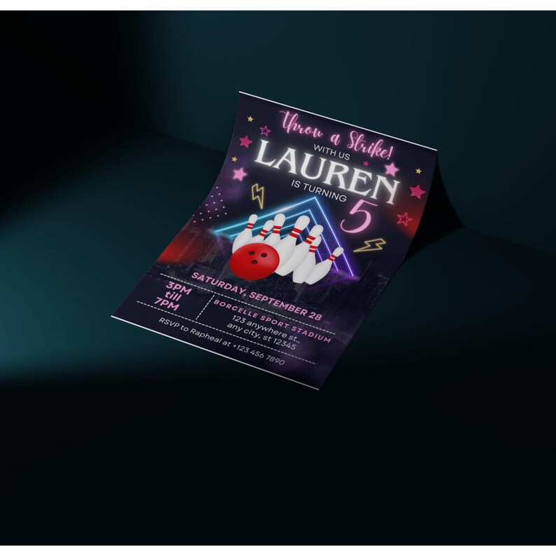 Bowling Birthday Party Invitation Template Editable White Neon Light ...